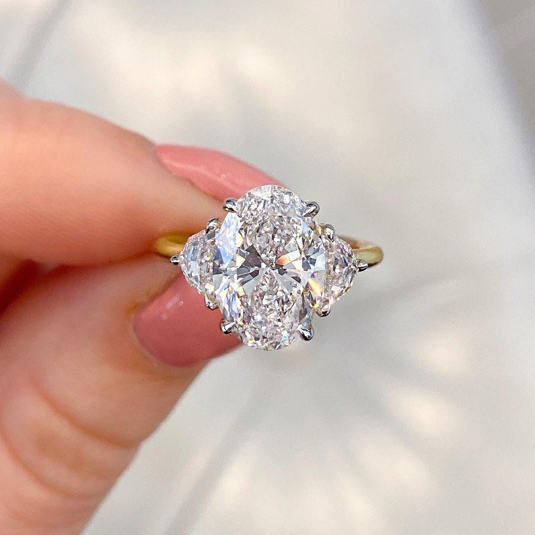 3 CT Oval Engagement Ring With Half Moon Side Stones Two Tone Diamond ...