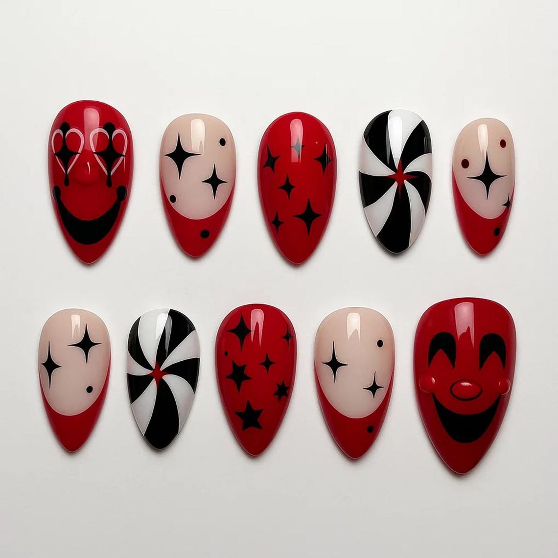 Gothic Clown Press on Nails, 3D Smile Now Cry Later Nail Art, Red Black ...