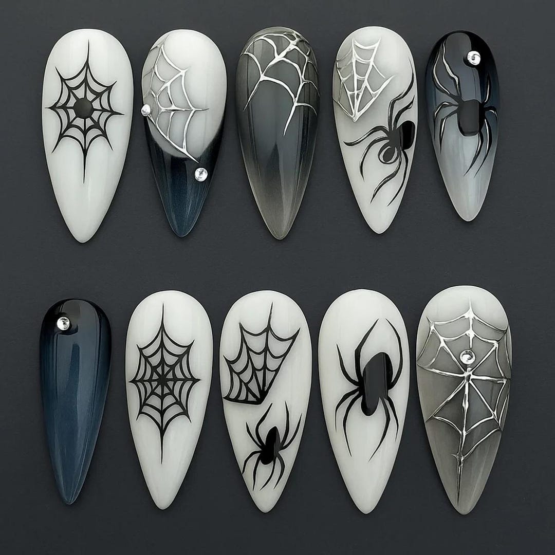 Spider Web Long Stiletto Press on Nails, Black White Spider Fake Nails ...