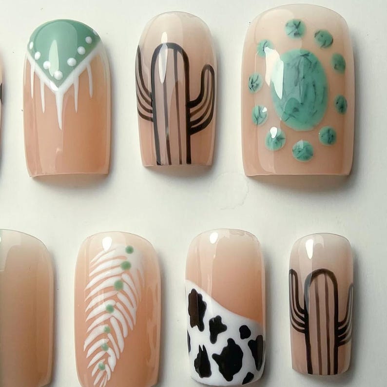 Turquoise Cowgirl Press on Nails, Western Cactus Nail Set With Cow ...