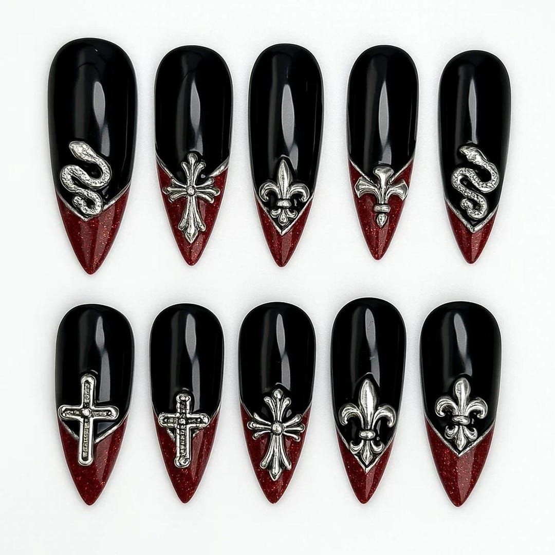 Gothic Cross Tip Press on Nails, Vampire Red and Black Acrylic Nails ...