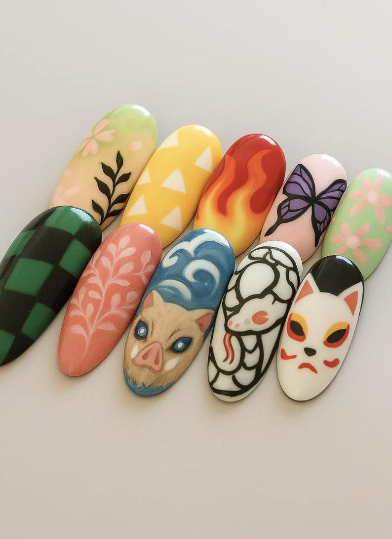 Demon Press on Nails, Kimetsu No Yaiba Anime Nails, Tanjiro Zenitsu ...