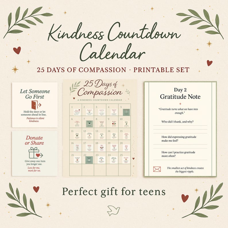 Kindness Calendar for Teens | Printable Cards | Gratitude Journal | 25 ...