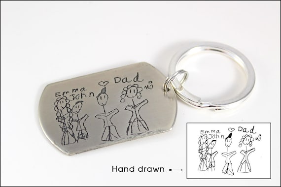 Children's Hand Drawn Etched Keychain Actual Drawing on - Etsy