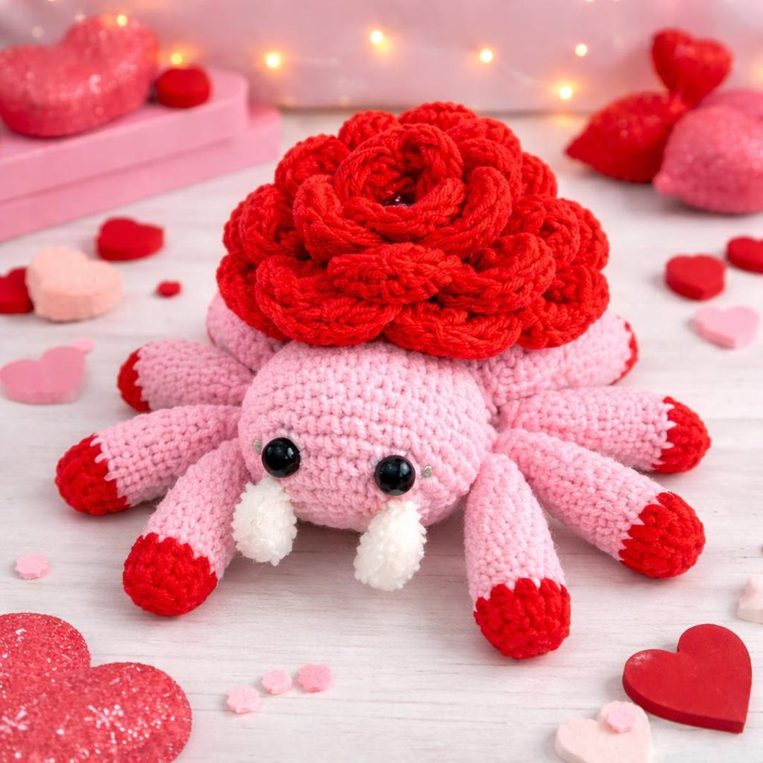 Strawberry Rose Spider Crochet Pattern | Valentine Amigurumi Spider ...