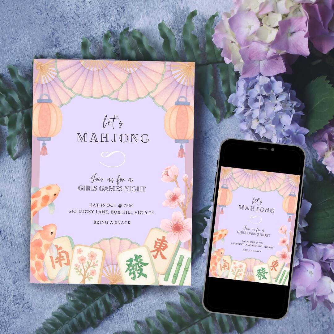 Mahjong Girls Night Invitation: Purple Watercolor Design (editable ...