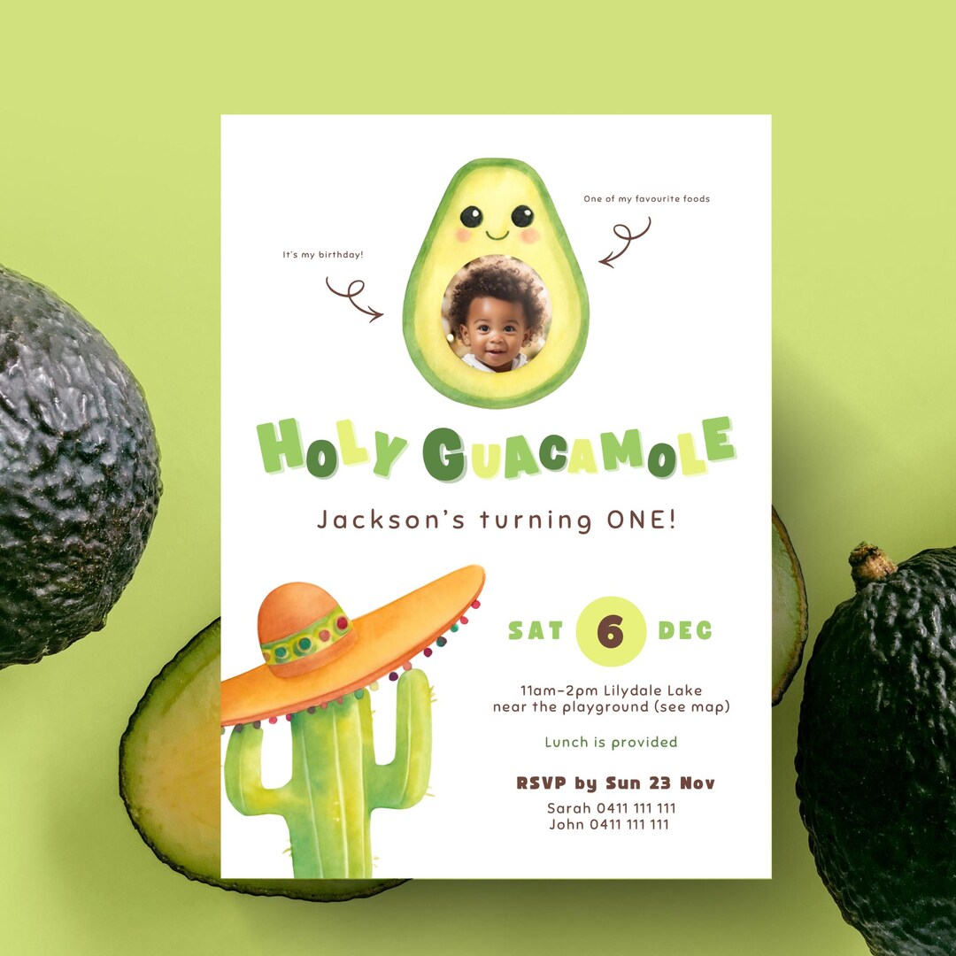 Holy Guacamole You’re Turning One Birthday Invitation: Editable Canva ...