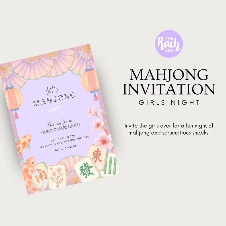 Mahjong Girls Night Invitation: Purple Watercolor Design (editable ...