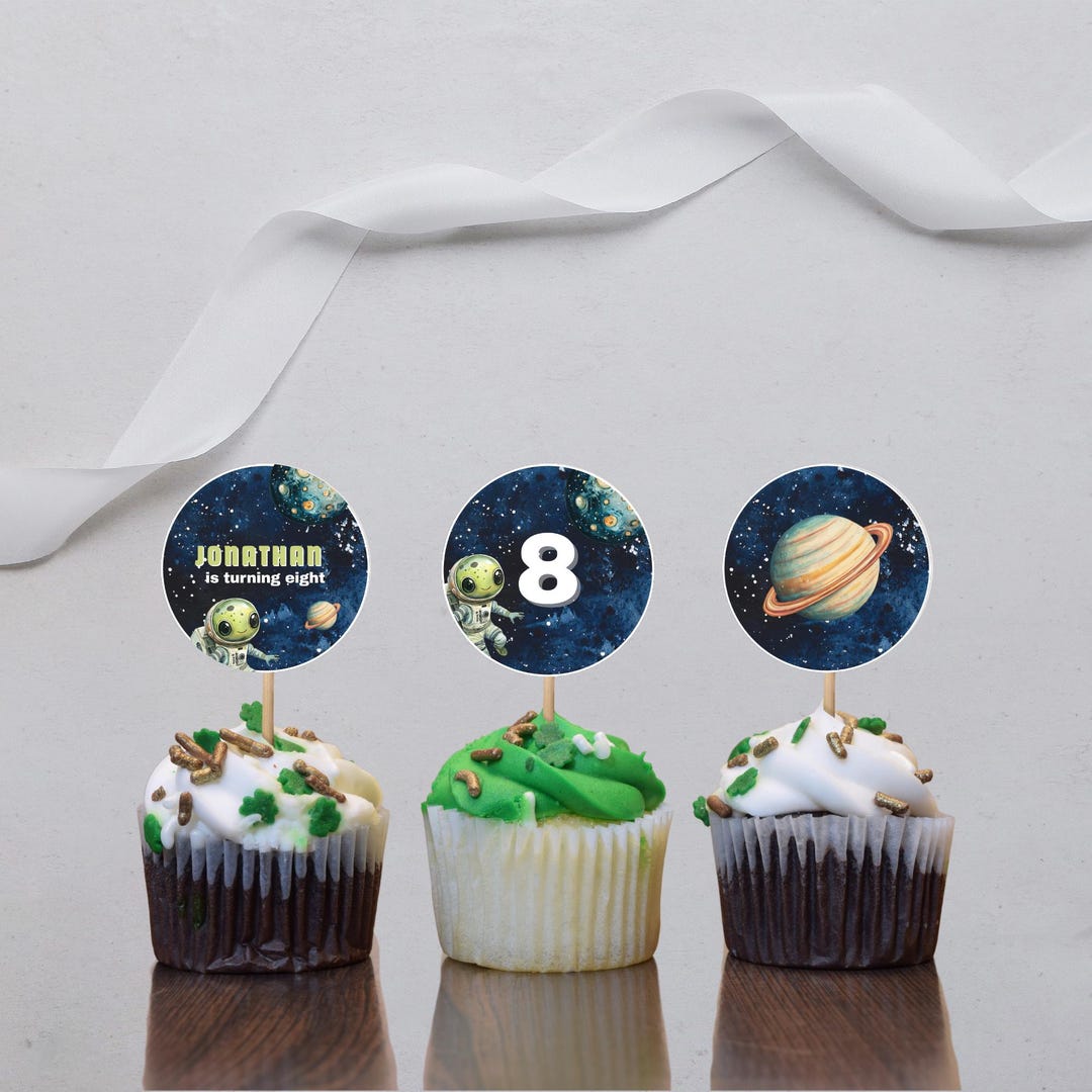 Space Alien Birthday Cupcake Toppers, Galaxy Planets (PDF Template ...