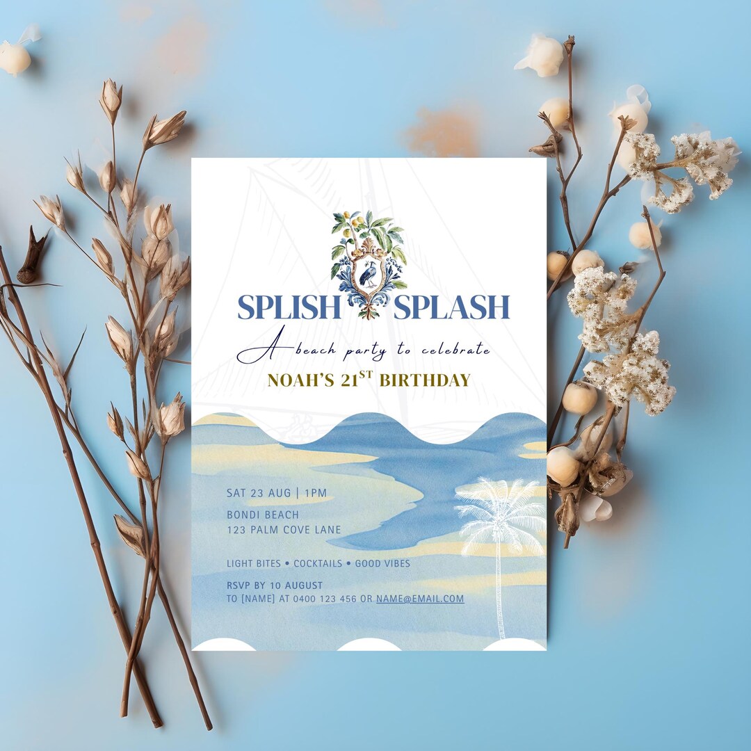 Splish Splash 21st Birthday Beach Party Invitation, Calm Watercolor ...