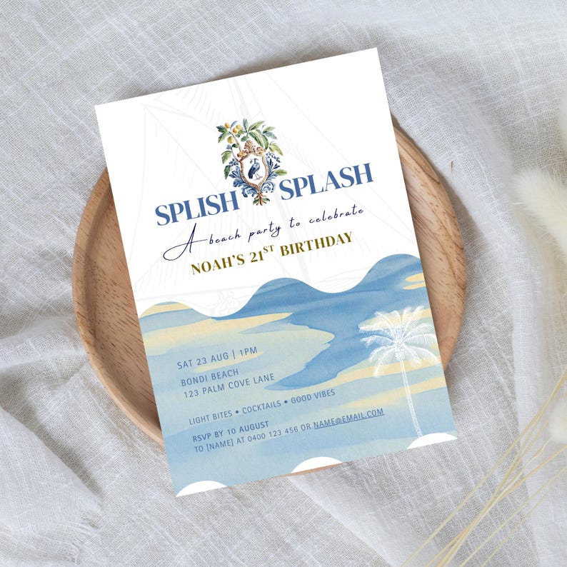 Splish Splash 21st Birthday Beach Party Invitation, Calm Watercolor ...