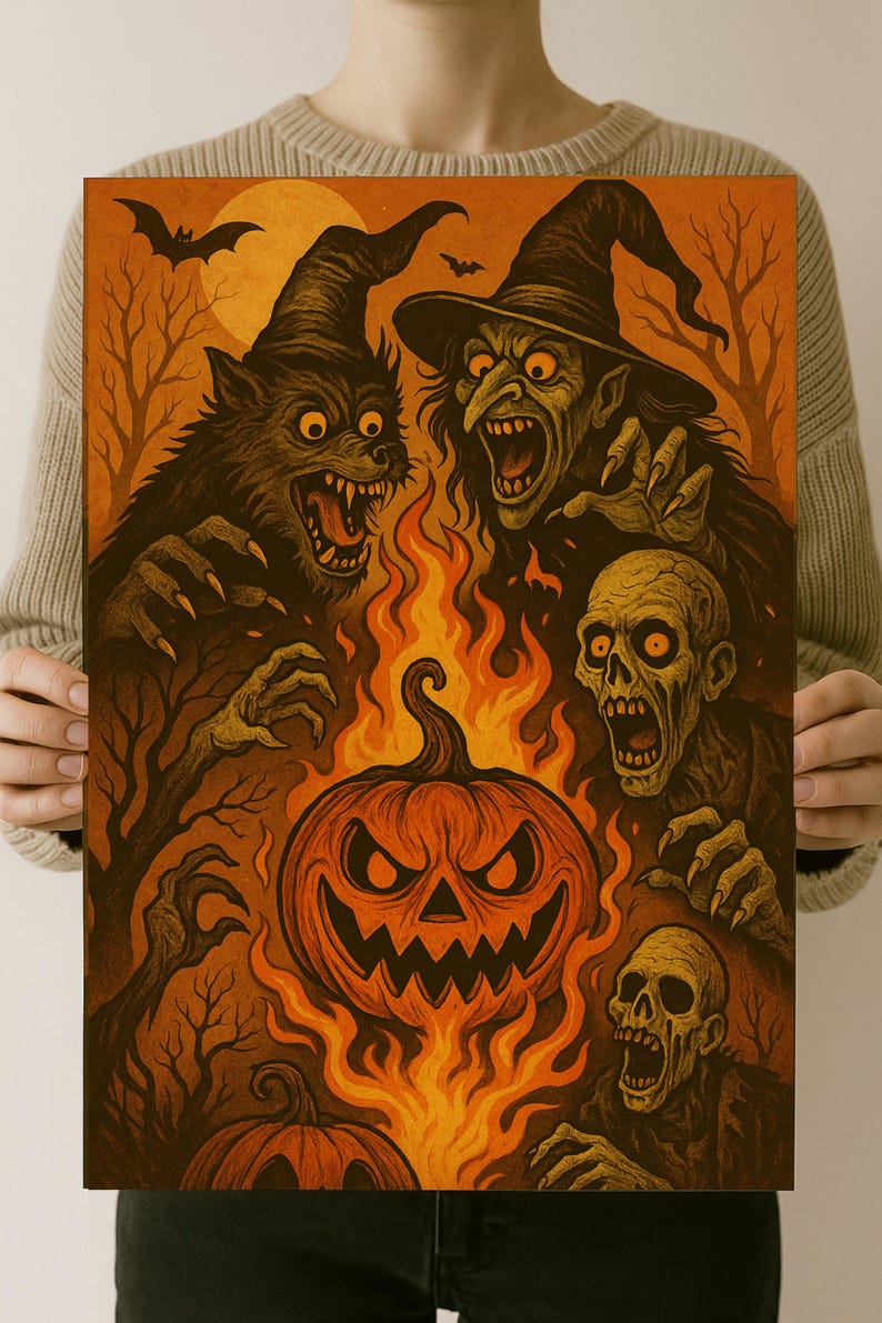 Halloween Horror Poster PNG-JPG-PDF | Scary Pumpkin Fire Wall Art ...