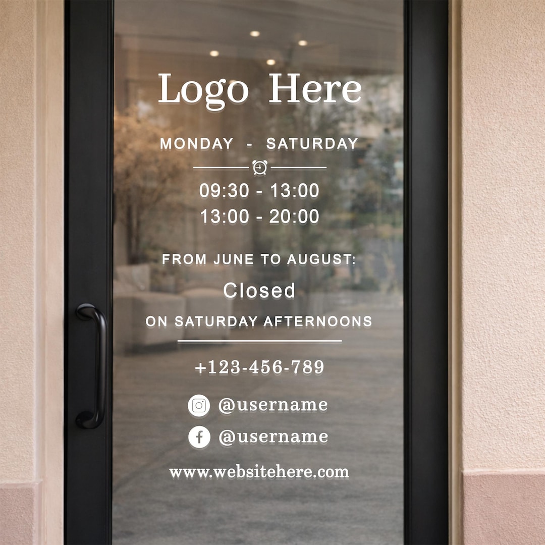 Custom Business Door Sign, Storefront Vinyl Sticker, Store Hours Decal ...