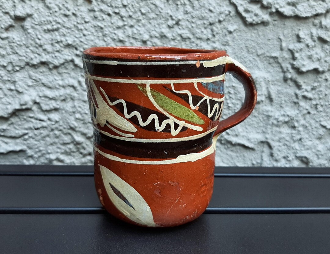 Vintage Mexican Pottery Mug Cup. Hand Painted Terracotta Clay. Pencil ...