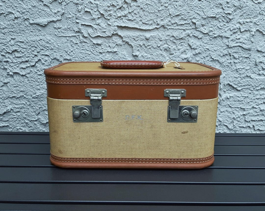 Vintage Train Case W/mirror & Key. Saddle Brown Leather, Tan Tweed ...