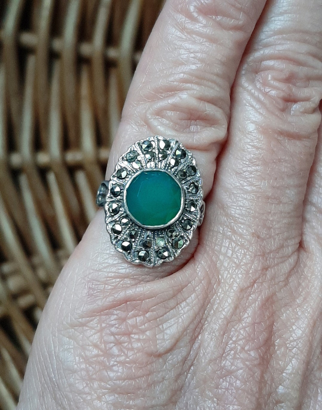 Antique Uncas Ring. Sterling Silver, Marcasite, Green Chrysoprase ...