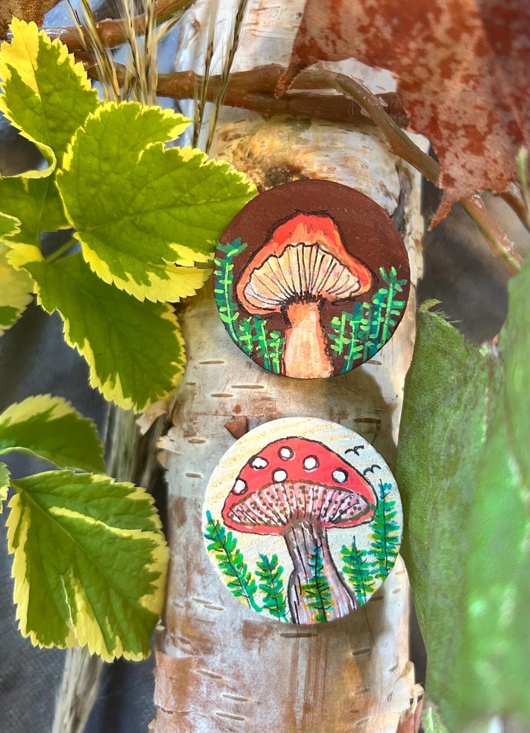 2- Pack Handpainted Magnets of Mushrooms on 1.5” Wood Disc - Etsy