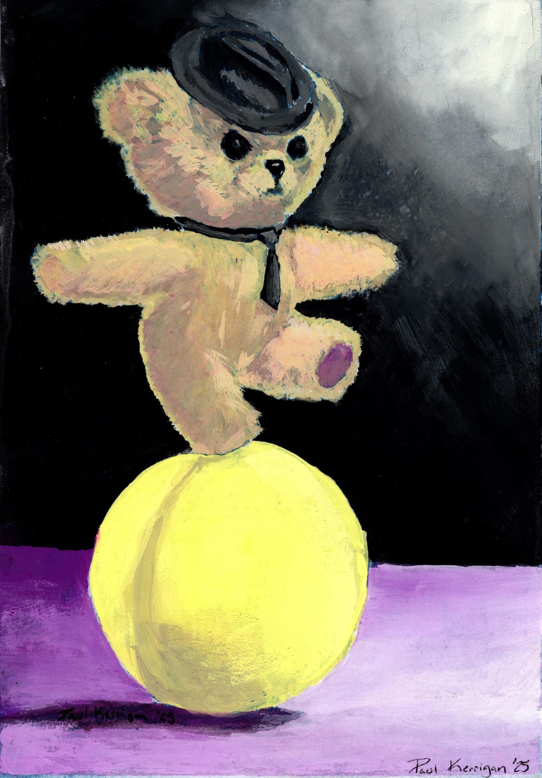 Gouache Painting – Fedora-clad Teddy Balancing on Yellow Ball – 5.8 × 8 ...