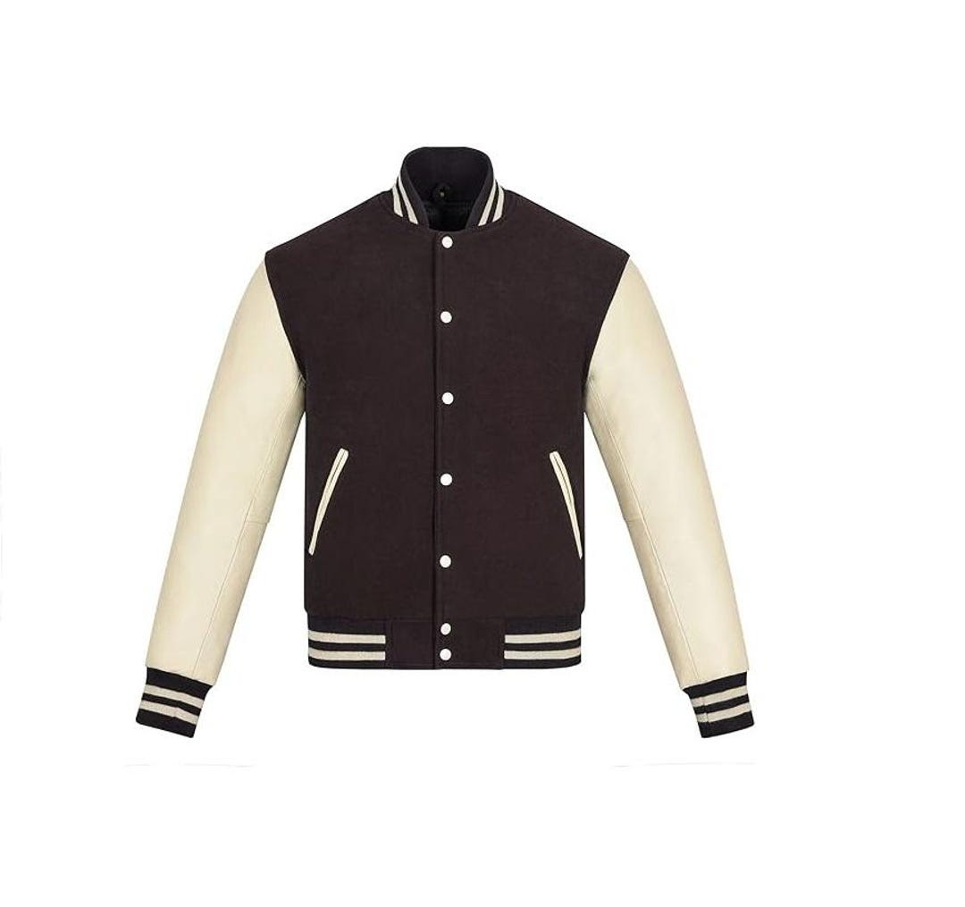 Classic Varsity Letterman Jacket, Button Front, Striped Ribbed Trim ...
