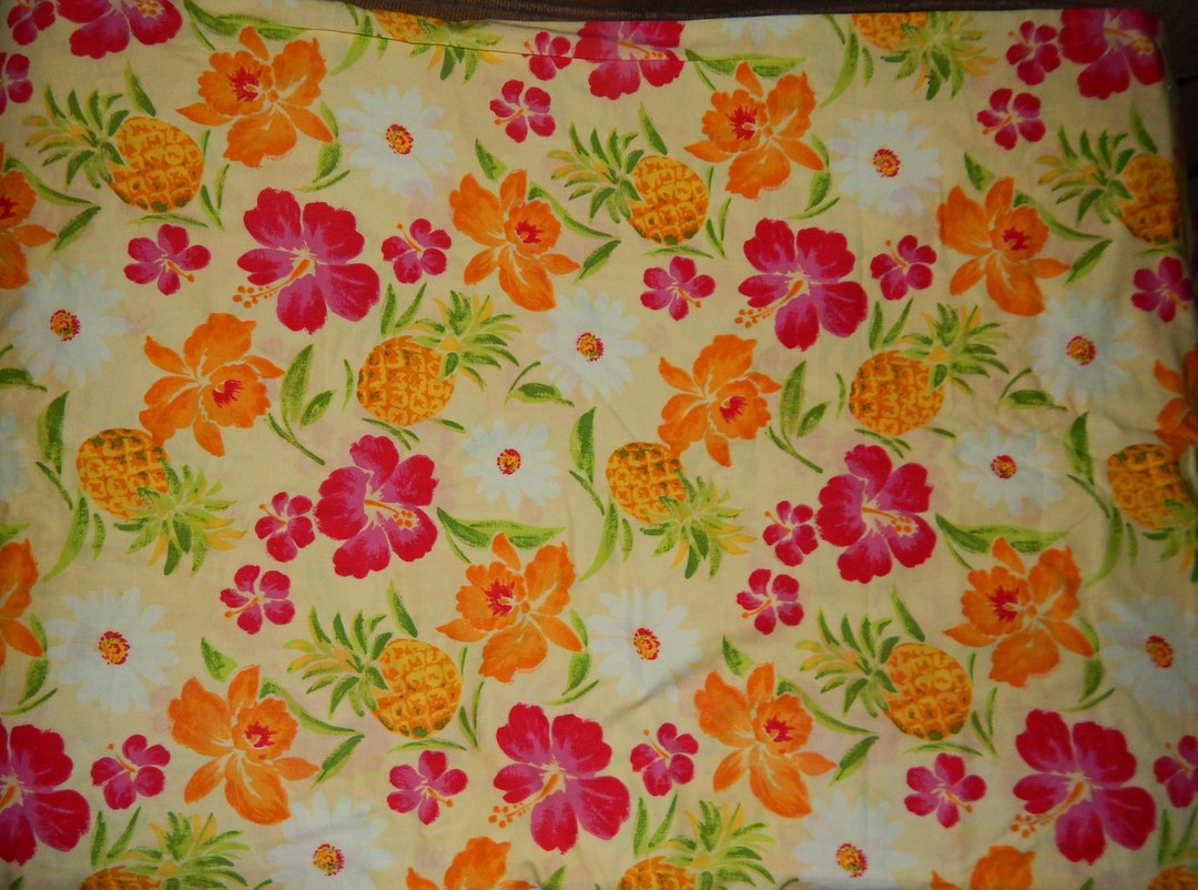 Bright Hawaiian Floral Print Cotton Fabric Pineapple Hibiscus Yellow ...
