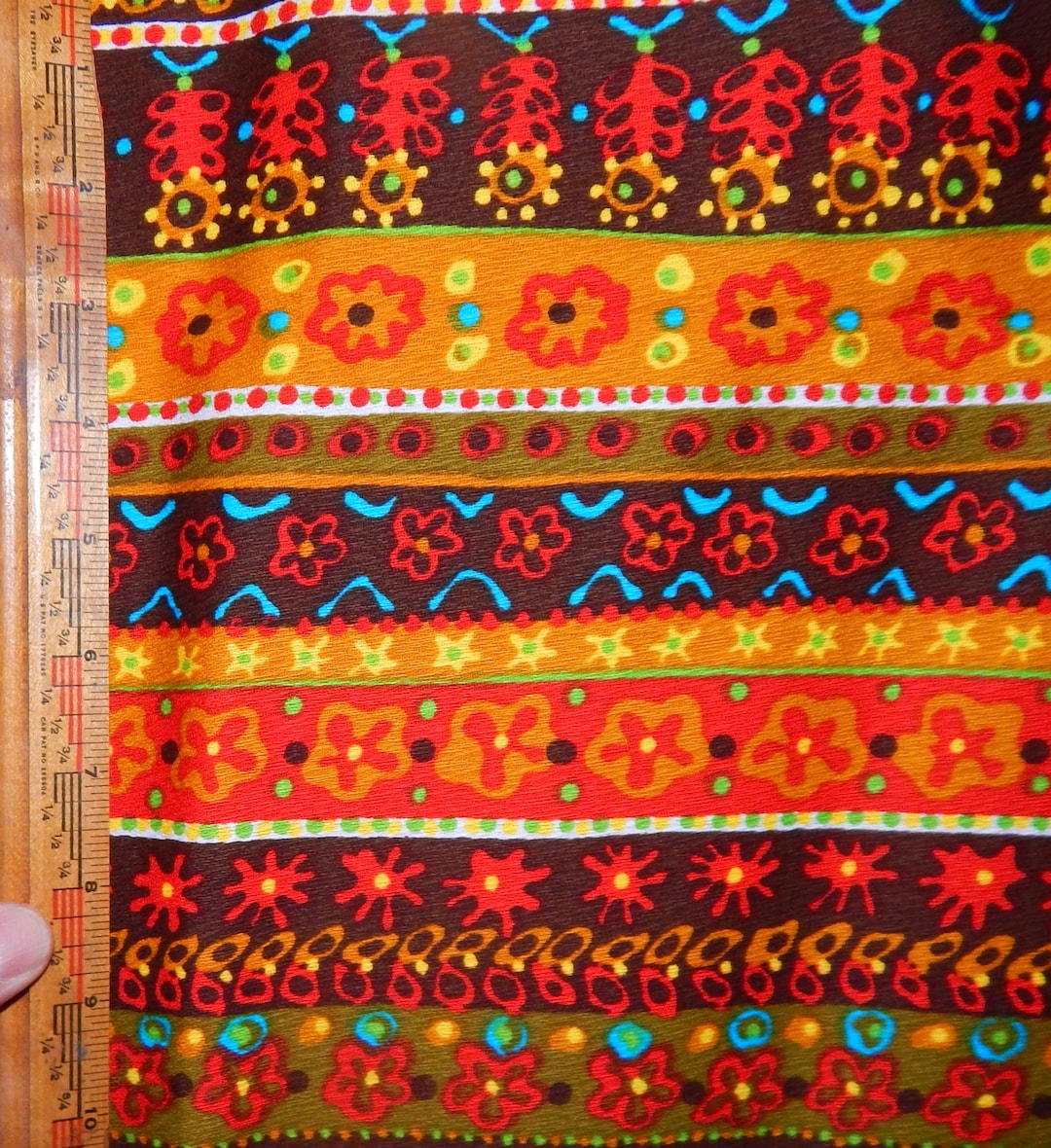 Vintage Mod Retro Striped Fabric Floral Orange Tan Brown Crepe Red Blue ...