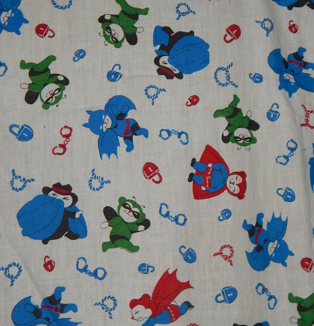 Vintage Juvenile Print Fabric Superhero Nursery BTHY White Green Blue ...