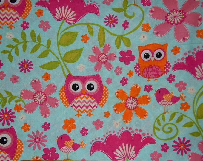 Brother Sister Blue Bright Pink Orange Owl Cotton Print Fabric Quilt 1. ...