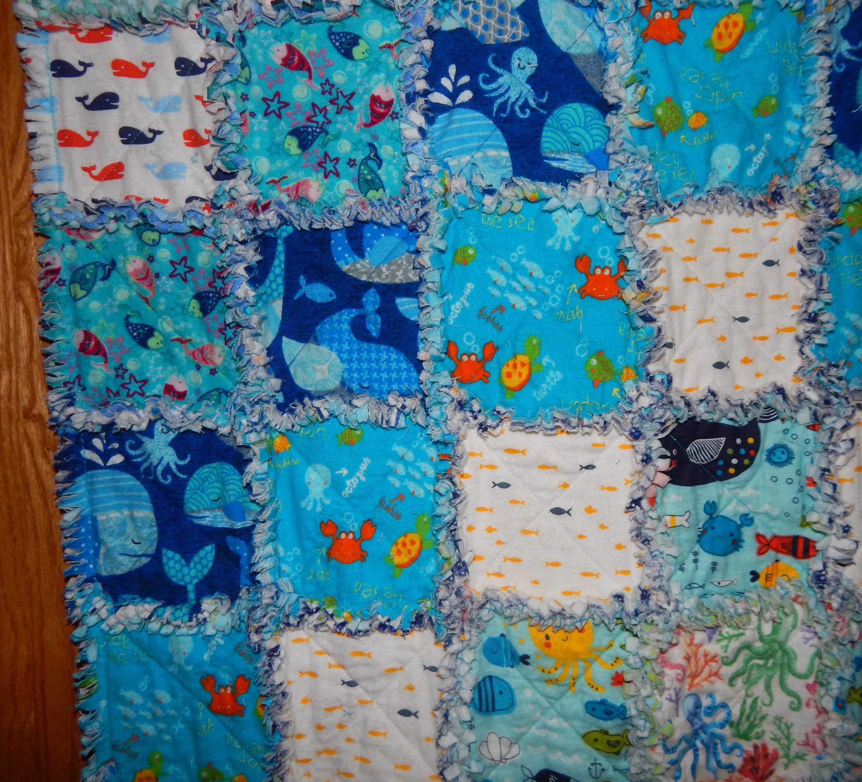 Under the Sea Baby Quilt Blanket Rag Cotton Flannel Crib Size Blue ...