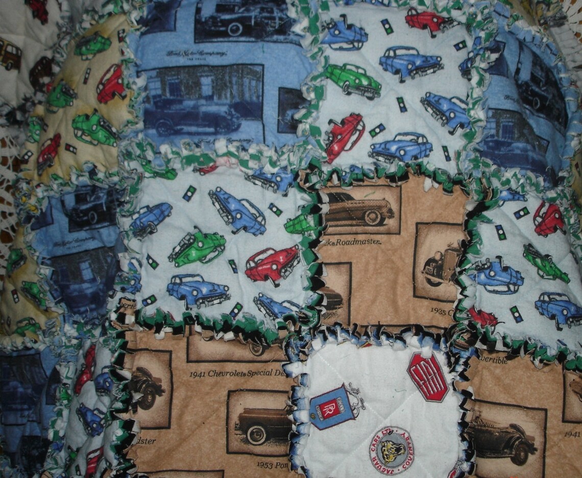 Rag Quilt Handmade Blanket Vintage Car Cotton Flannel Ford Chevy Fiat ...