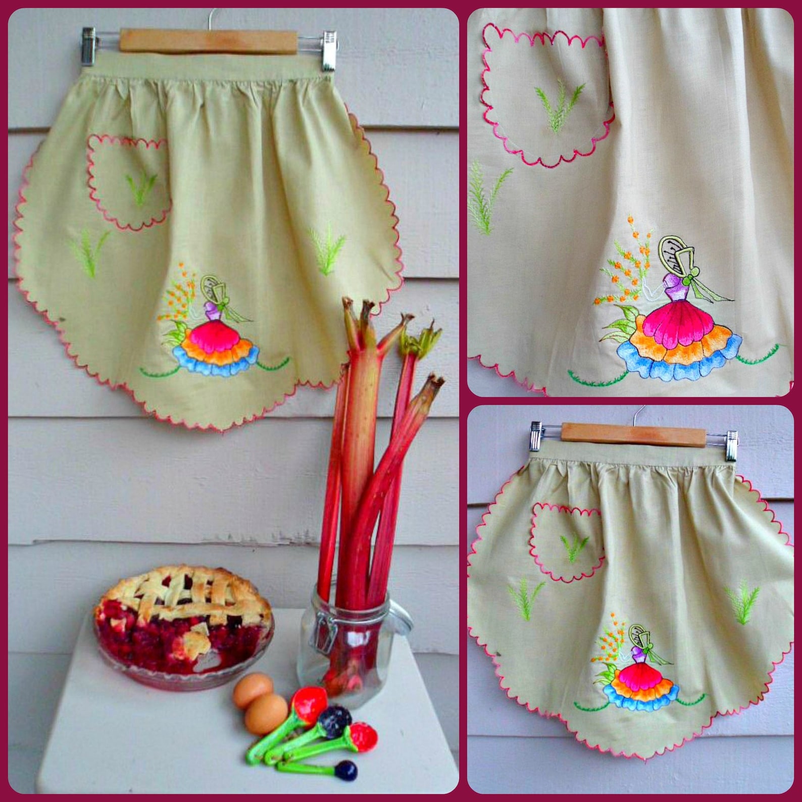 Vintage Apron Cottage Chic Embroidered Tan Half Apron With Girl and ...