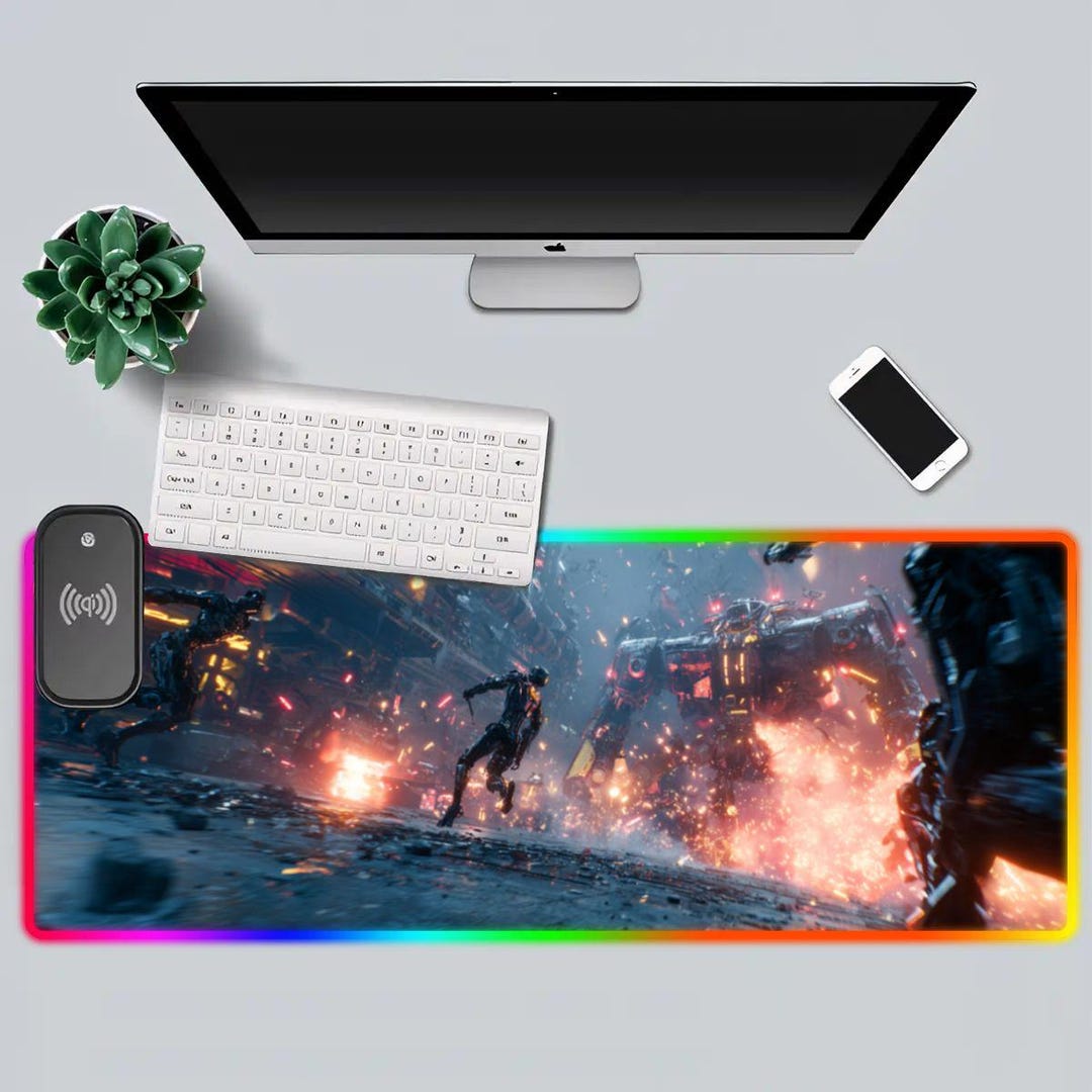 RGB Gaming Mouse Pad City on Fire Vs Robots | Extended Gaming Desk Mat ...