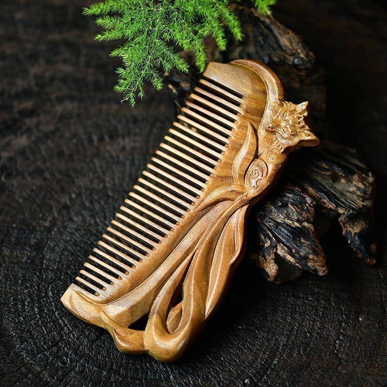 Hand-carved Green Sandalwood Comb, Exquisite Gift, Recumbent Fox Design ...