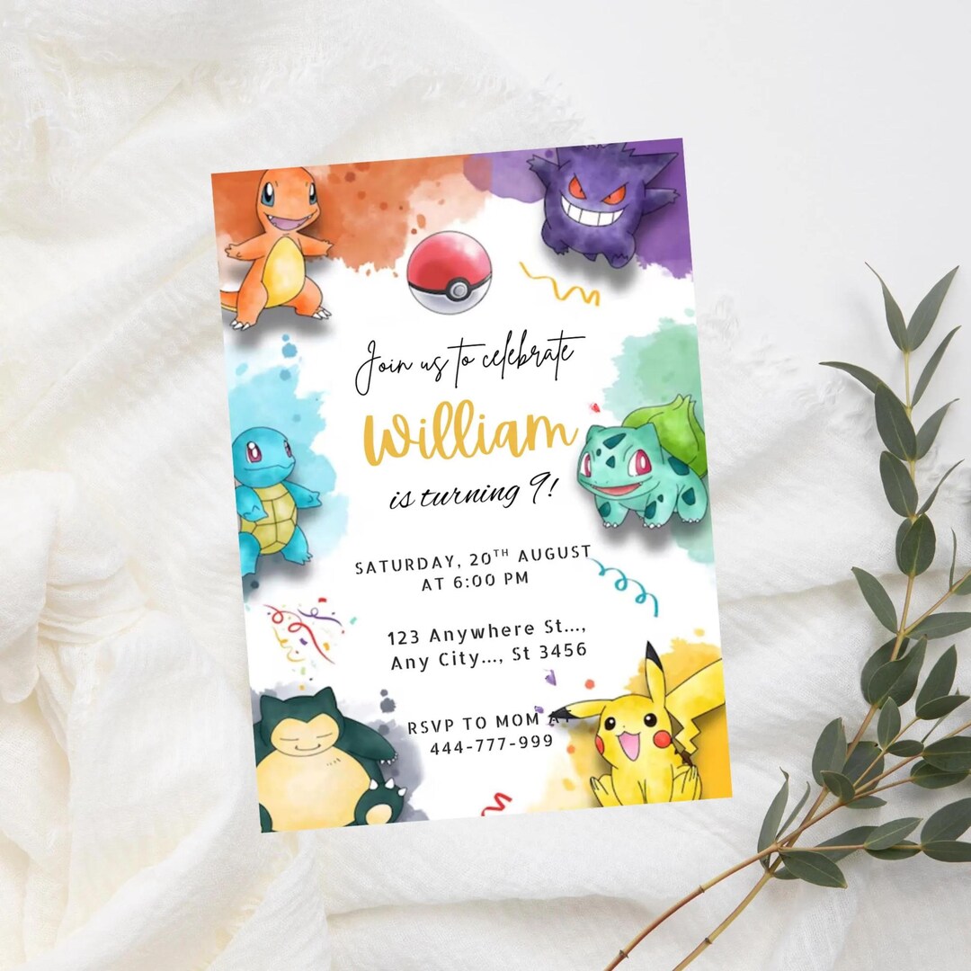 Pokémon Birthday Card, Red Yellow Cartoon Style, Editable Canva ...