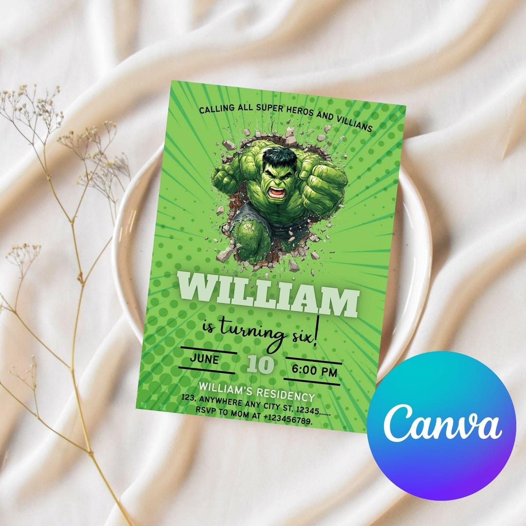 Hulk Editable Invitation, Super Heroes Birthday Invitation, the Hulk ...