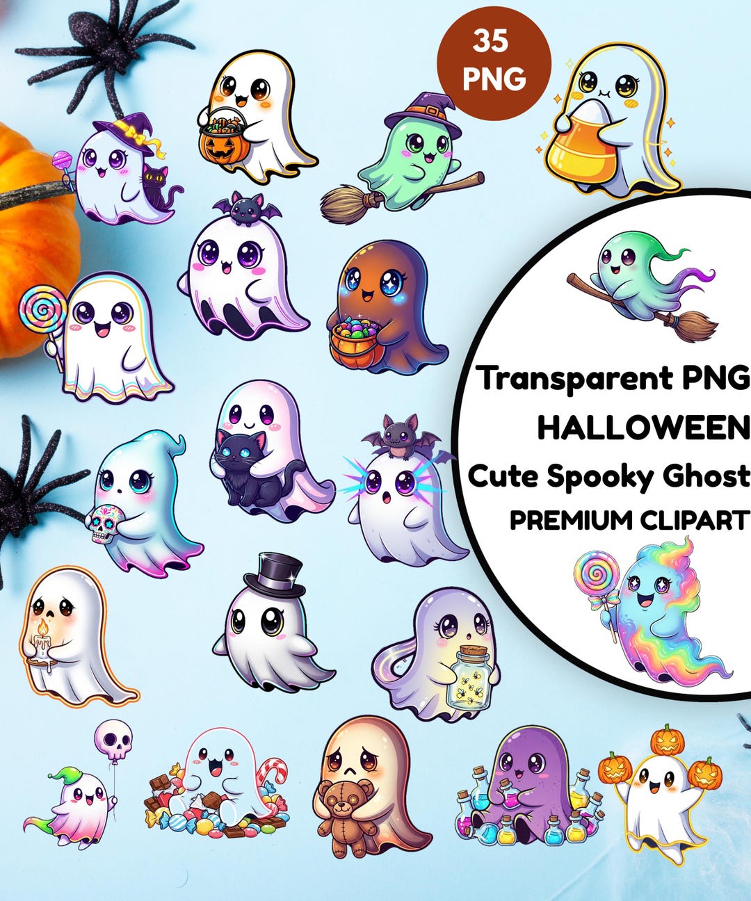 Kawaii Ghost Clipart Bundle: Neon Halloween 35 Pngs (digital Download ...