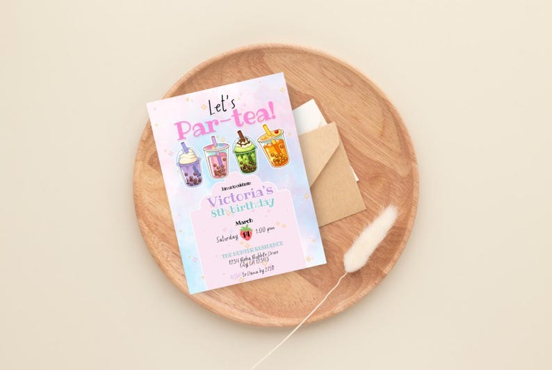 Editable Let's Par-tea Birthday Invitation, Boba Tea Party Invite, Boba ...