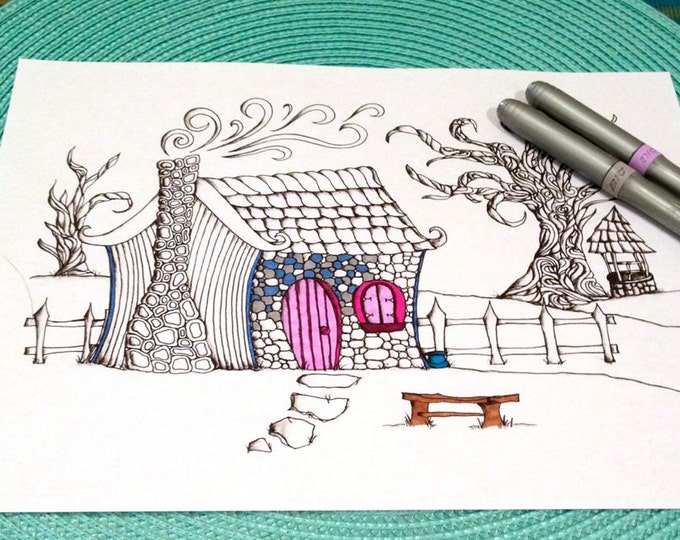 Fairytale Cottage Coloring Page Zentangle Kids Adult Doodle Design ...