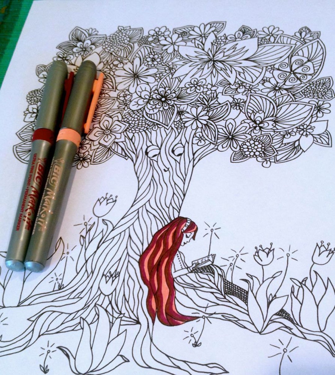 Adult Coloring Page Girl Reading Woodland Tree Doodle Nature Design ...