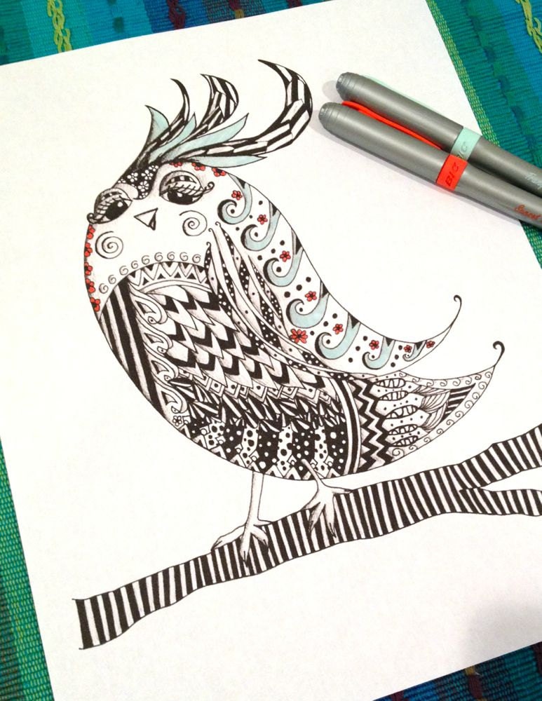 Bird Coloring Page Zentangle Kids Adult Doodle Design Printable Instant ...