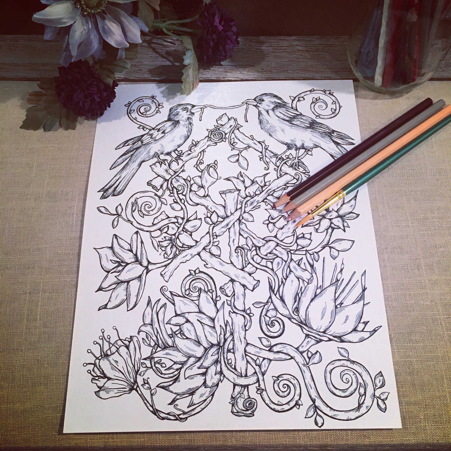 Adult Coloring Page Ravens & Runes Original Nature Art Norse | Etsy