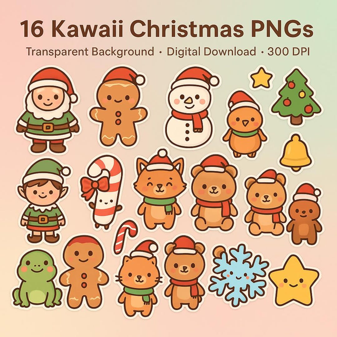 Kawaii Christmas Clipart: 16 Holiday PNG Stickers (digital Download) - Etsy