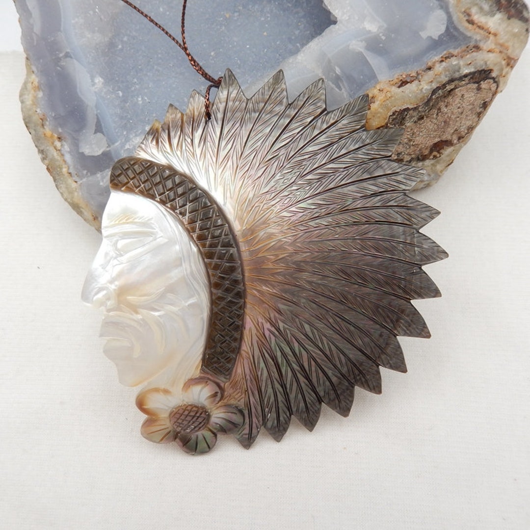 New Arrival Hand Carved Shell Gemstone Indian Head Pendant, 100x90x6mm ...