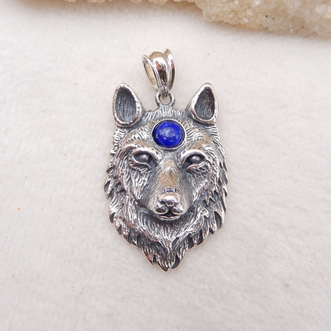 Wild Wolf Necklace for Men, Wolf Head Pendant, Silver Lapis Lazuli ...