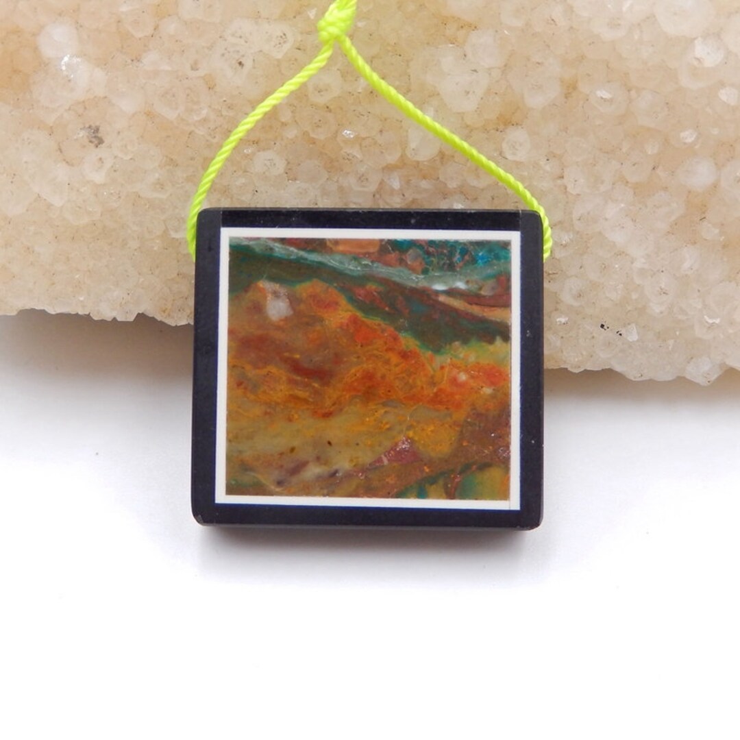 Blue Opal, Obsidian Intarsia Rectangle Gemstone Pendant, 28x26x6mm, 10 ...