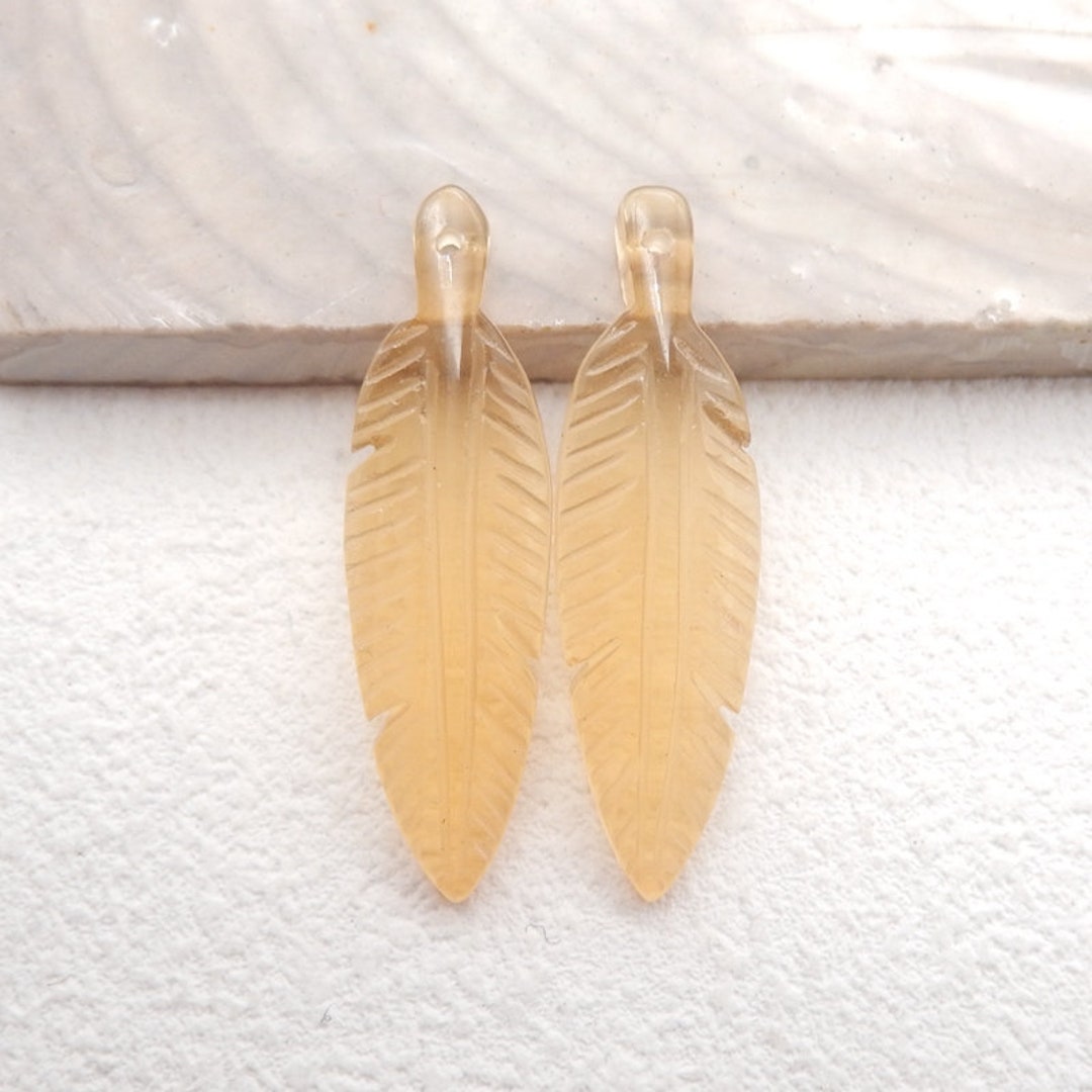 New Carved Yellow Quartz Feather Earrings, Gemstone Earring Pair ...