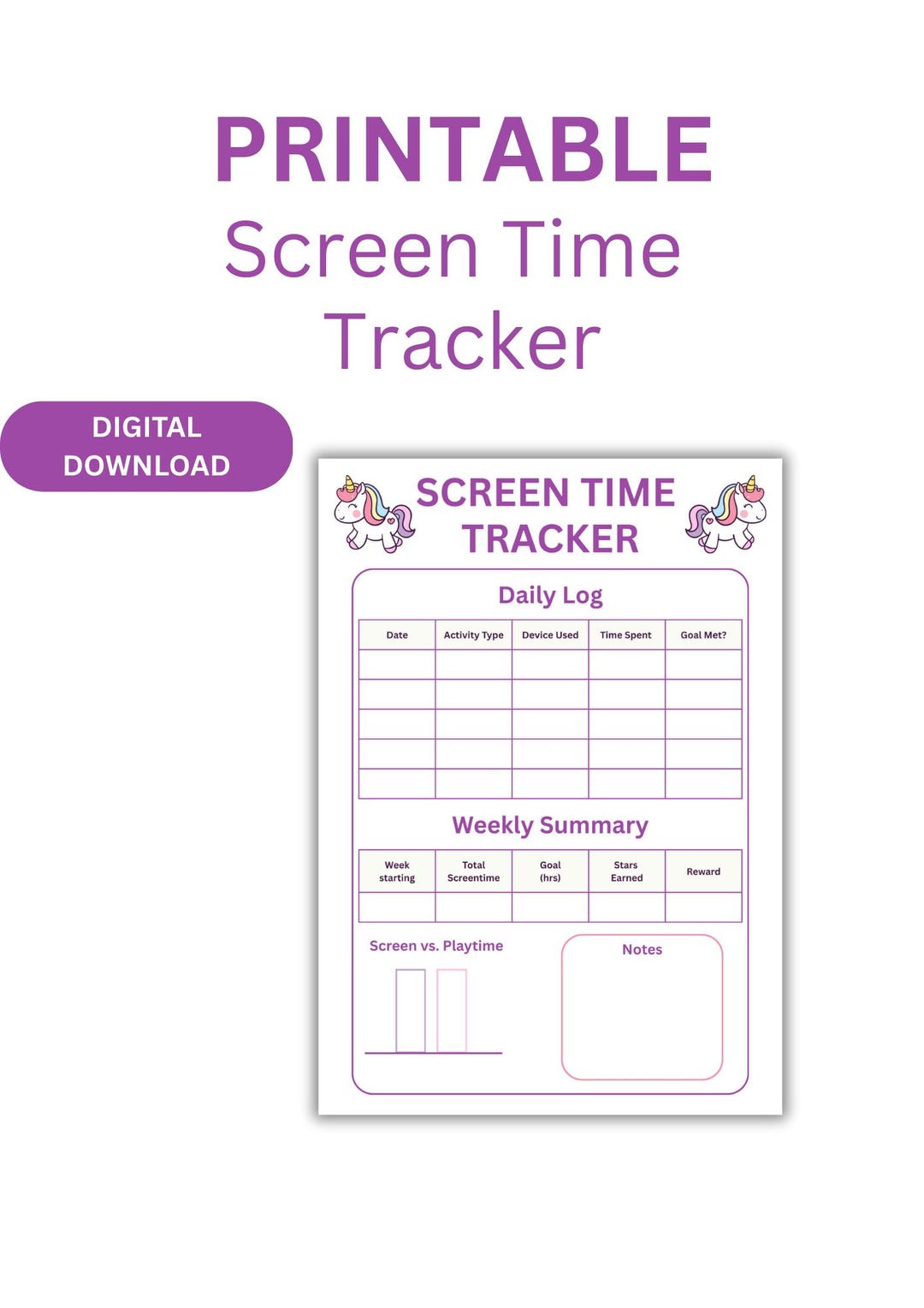 Unicorn Screen Time Tracker: Kids Weekly Chart (PDF Download A4/US ...