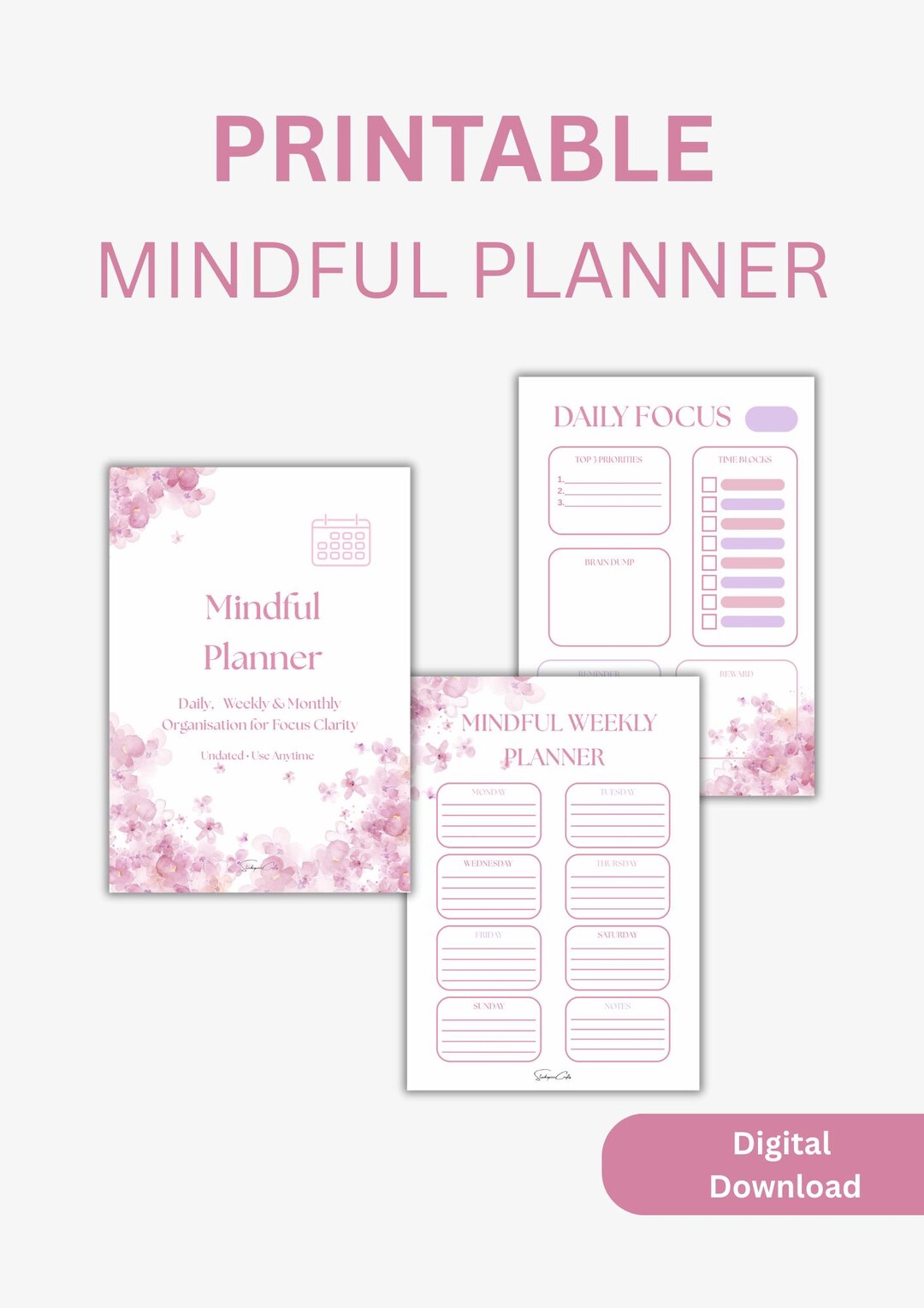 Mindful Planner Printable | Floral Pink & Purple | Daily, Weekly and ...