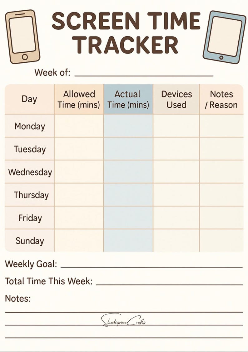 Printable Screen Time Tracker: Digital Download for Kids & Adults - Etsy