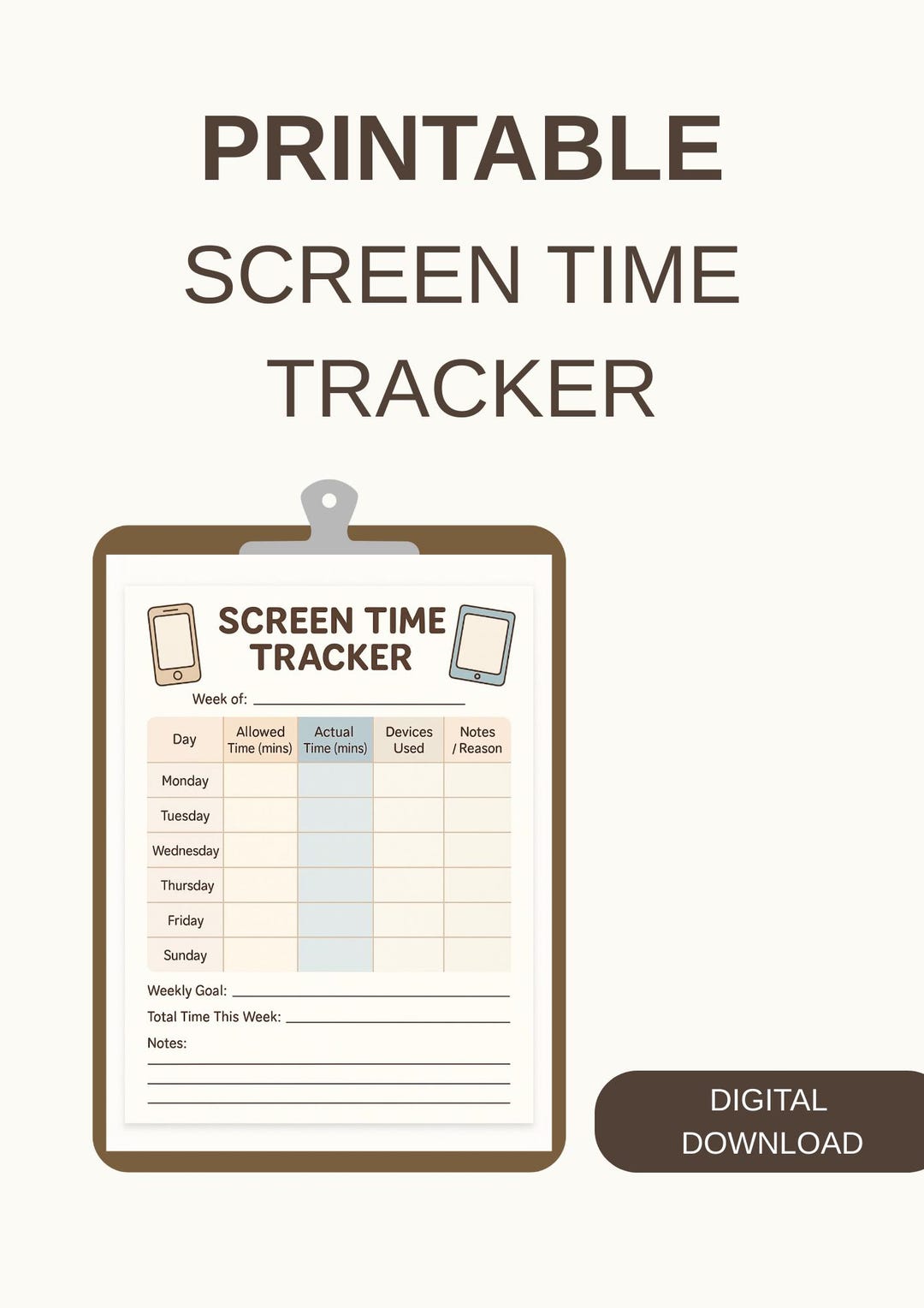 Printable Screen Time Tracker: Digital Download for Kids & Adults - Etsy