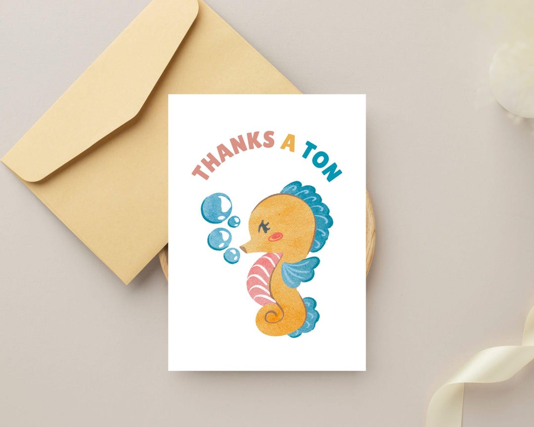 Thanks a Ton Seahorse Pun Card – Cute Ocean Animal Thank You Card ...